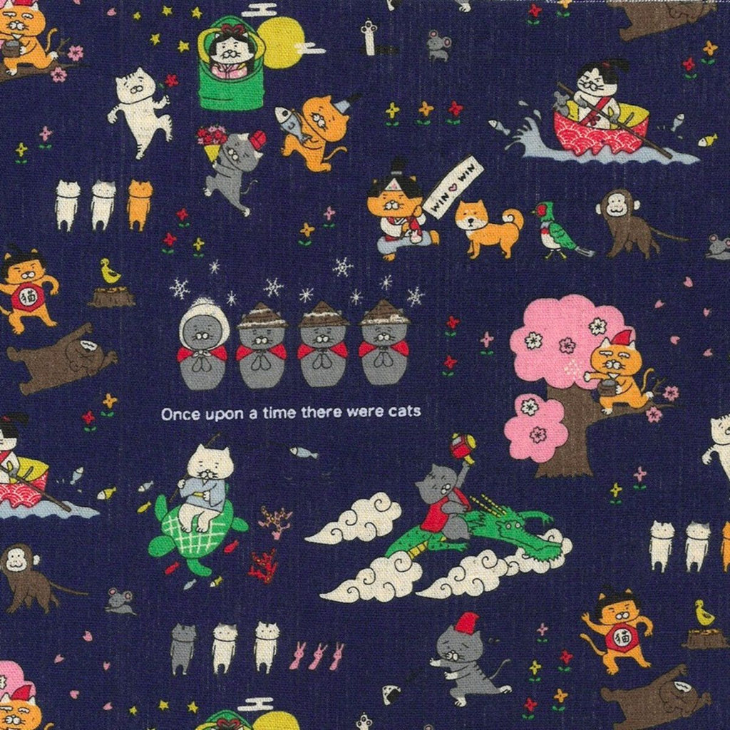 PRE ORDER Cat Japanese Fairy Tale Canvas Fabric in Navy - Cotton Linen ...