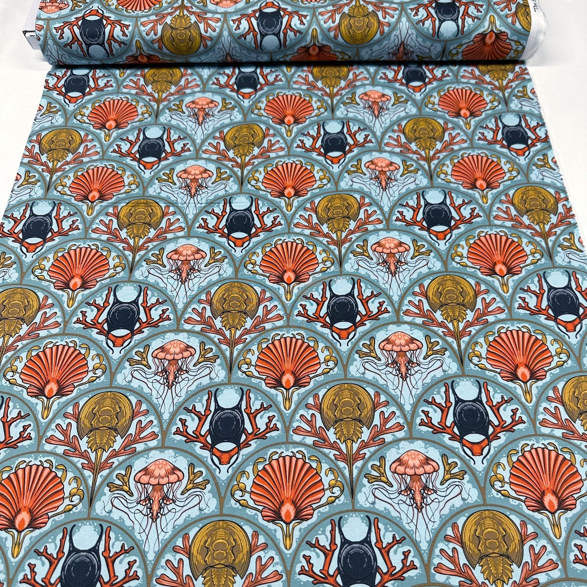 Mariana Scallops by the Seashore in Aqua Cotton Fabric by Rachel Hauer ...